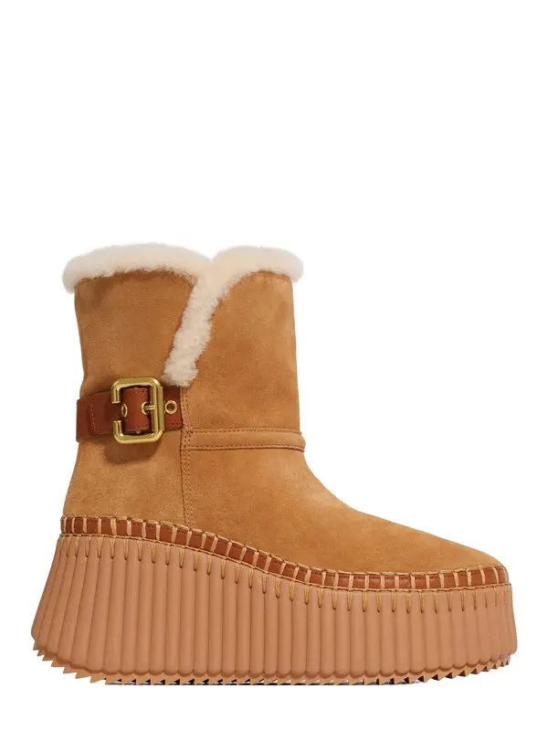 Chloé Tan Suede Sheepskin Lined Boots With Buckle Detail - Pottery Brown