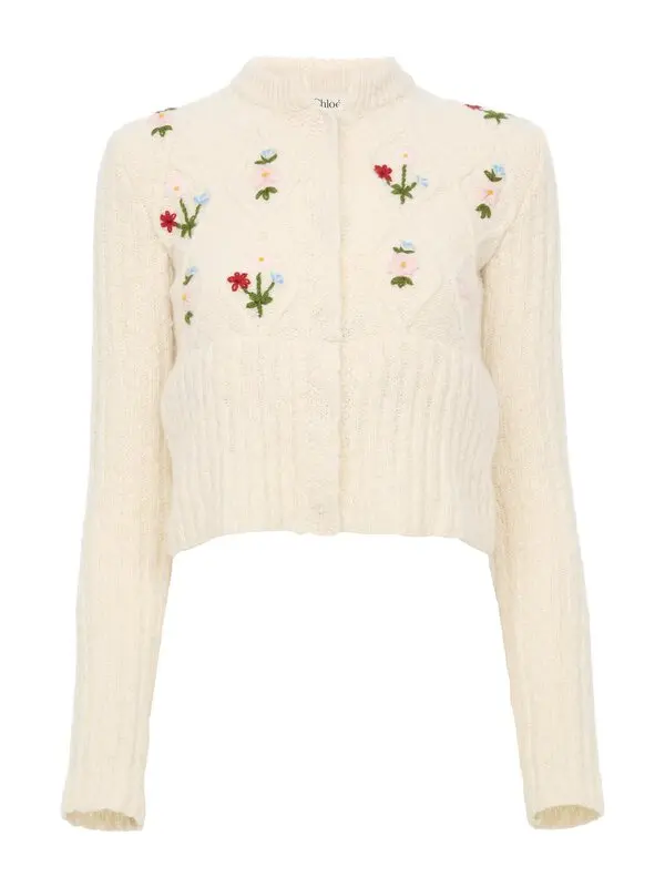 Chloé Fitted Wool Knit Cardigan With Floral Embellishments - Iconic Milk