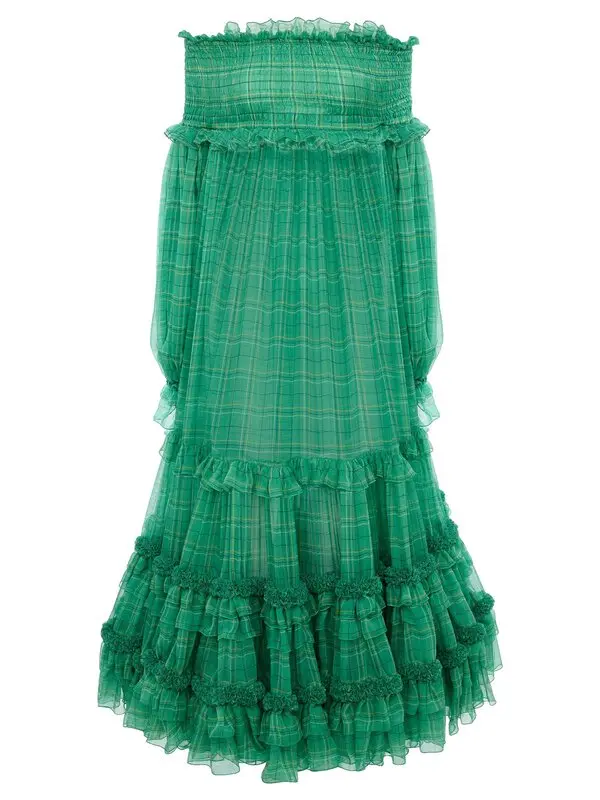 Chloé Off-the-shoulder Ruffled Tiered Dress - Multicolor Green