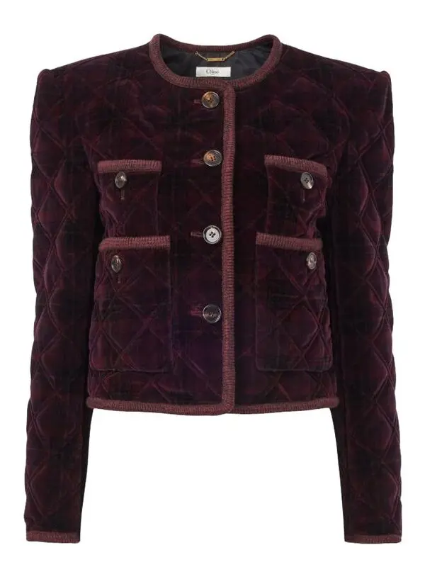 Chloé Boxy Collarless Jacket In Checked Quilted Cotton Velvet - Deep Purple