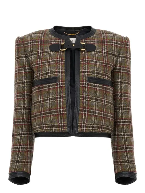 Chloé Collarless Cropped Boxy Jacket In Check Wool - Multicolor Green