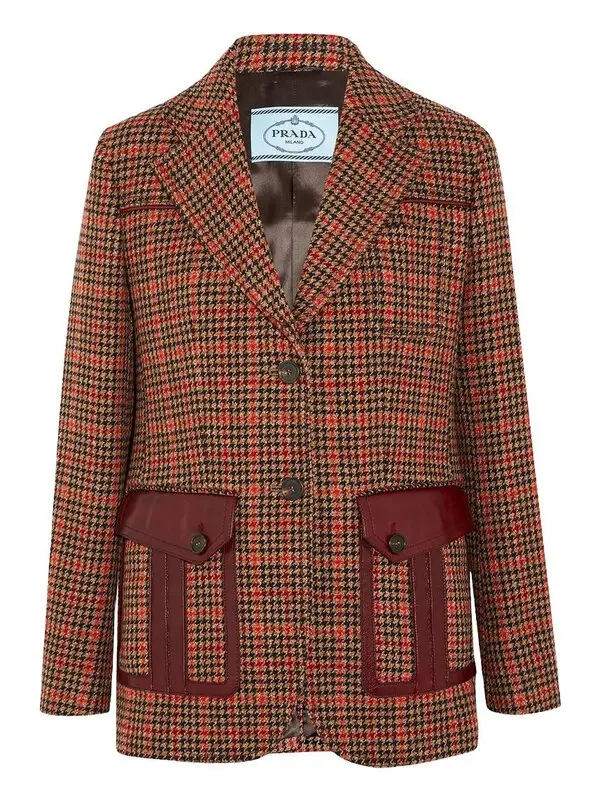 Prada Checked Wool-blend Blazer With Leather Trims - Orange