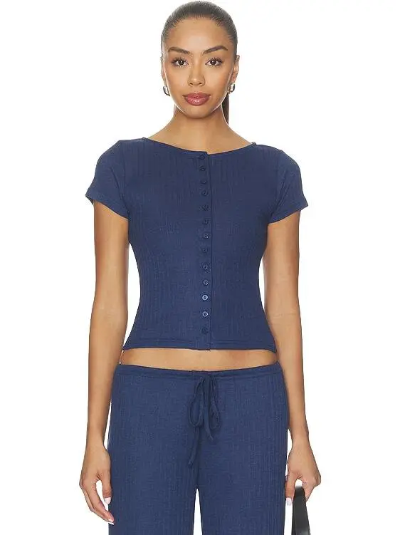 ALL THE WAYS Ribbed Knit Button-up Short Sleeve Top - Navy