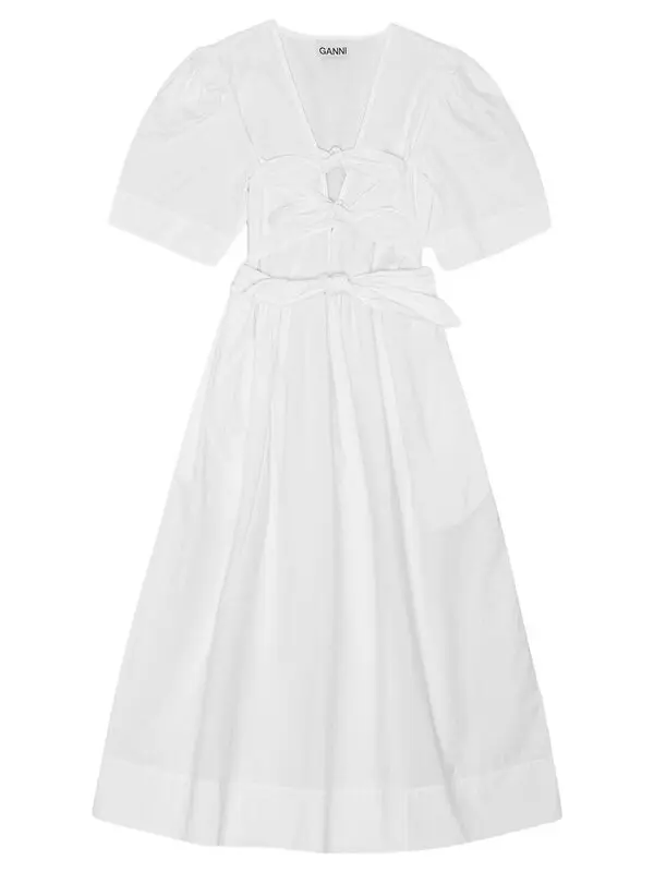 GANNI Stretch Cotton V-neck Dress With Puff Sleeves And Flared Skirt - White