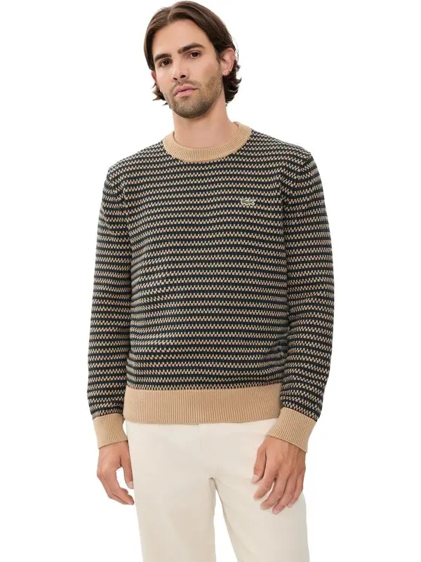 Lacoste Crew Neck Striped Knit Sweater - Cookie