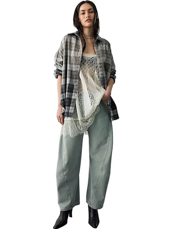 Free People We The Free Plaid Button Down Shirt - Forest Green