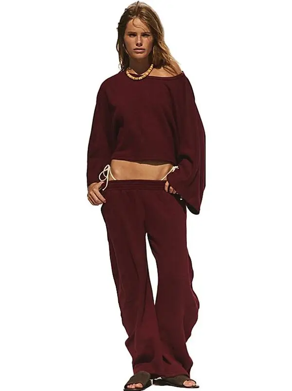 Free People Terry Cotton Wide Sleeve Cropped Top And Barrel Leg Pants Set - Dionysus