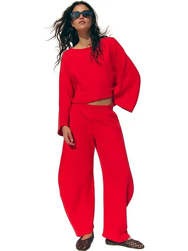 Free People Terry Cotton Wide Sleeve Cropped Top And Barrel Leg Pants Set - High Risk Red