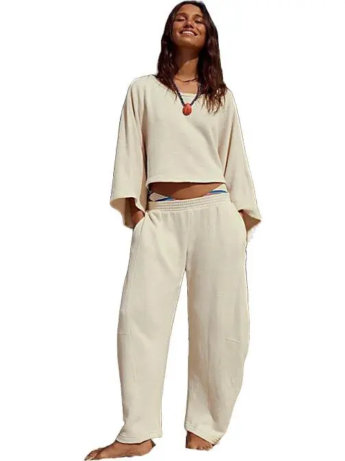 Free People Terry Cotton Wide Sleeve Cropped Top And Barrel Leg Pants Set - Tofu