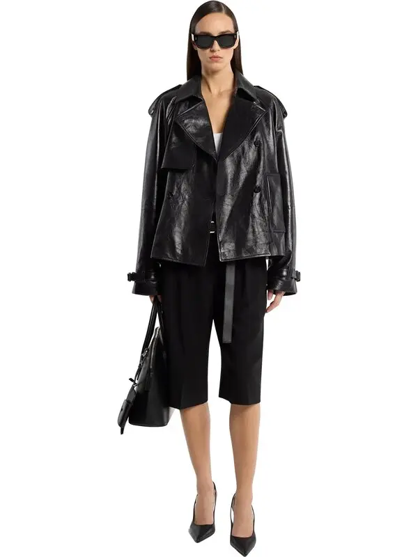 Michael Kors Oversized Leather Cropped Trench Coat - Black