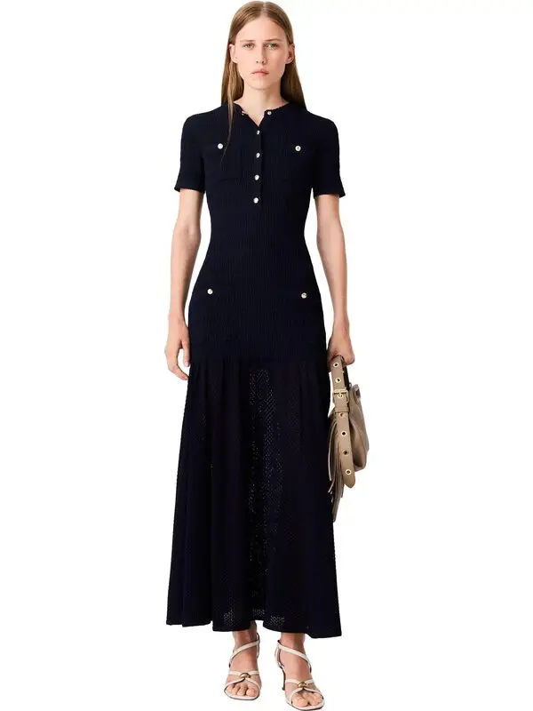 Maje Pointelle Knit Maxi Dress - Navy