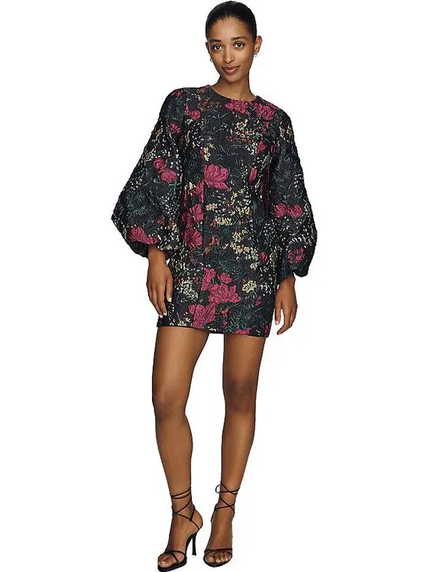 Mac Duggal Brocade Balloon Sleeve Mini Dress - Black Pattern