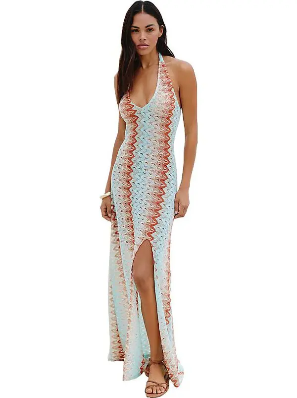 Luli Fama Halter Neck Maxi Cover-up Dress With Side Slit - Blue Pattern