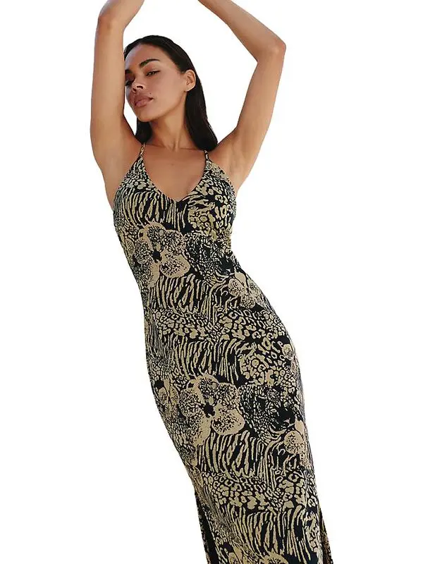 Luli Fama Printed V-neck Maxi Dress - Black Pattern