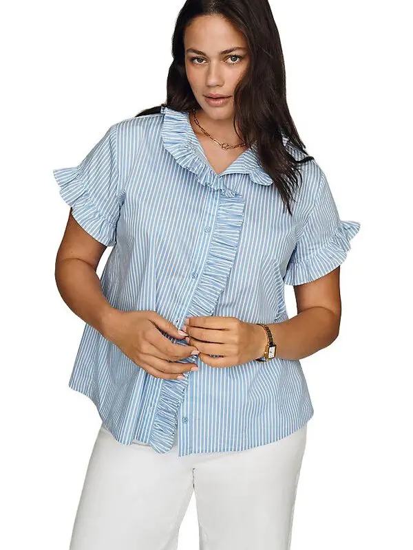 English Factory Ruffled Striped Button-down Shirt - Light Blue