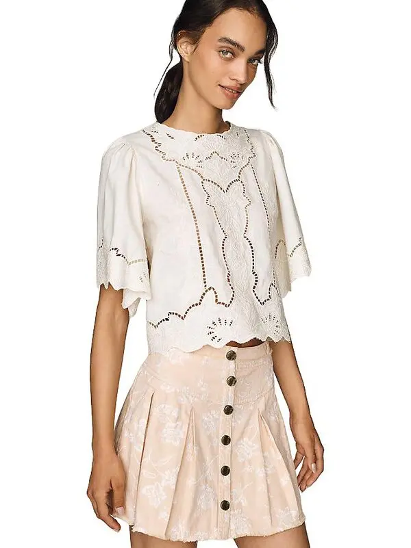 Anthropologie Embroidered Cotton Mini Skirt - Light Sand