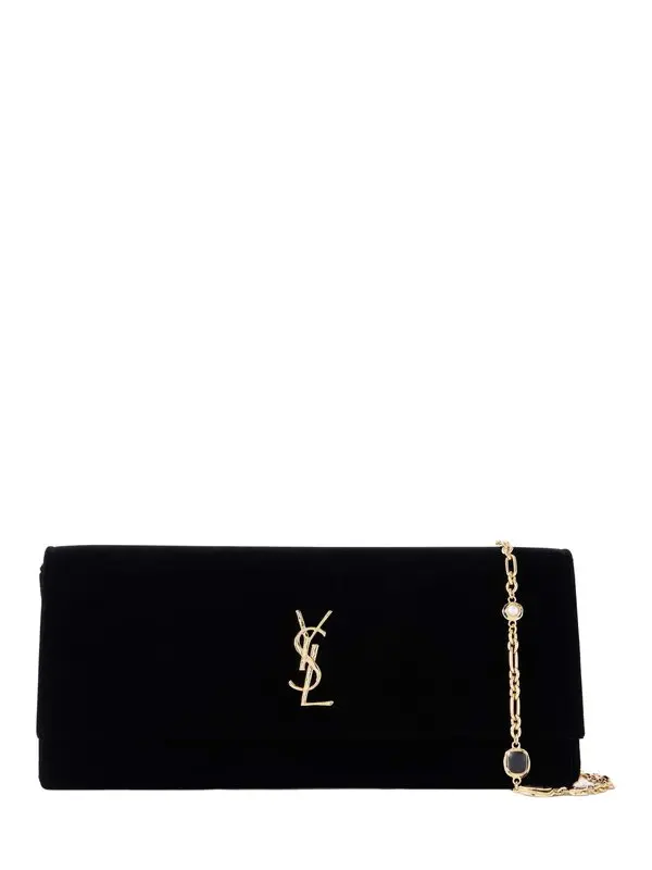 Saint Laurent Kate Velour Logo Chain Clutch - Black