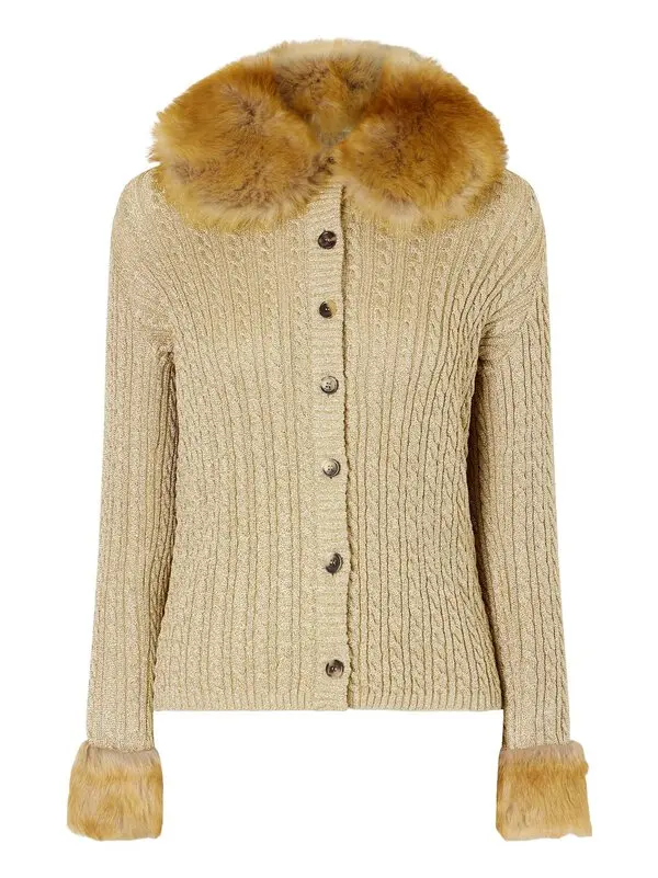 Saint Laurent Cable-knit Shearling-trimmed Lurex Cardigan - Multi