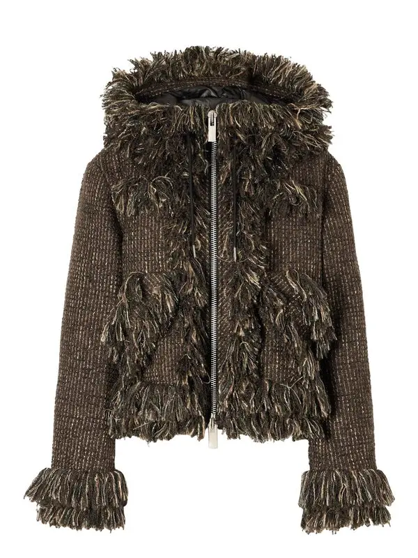 Sacai Wool-blend Tweed Zip-up Jacket With Frayed Edges - Brown