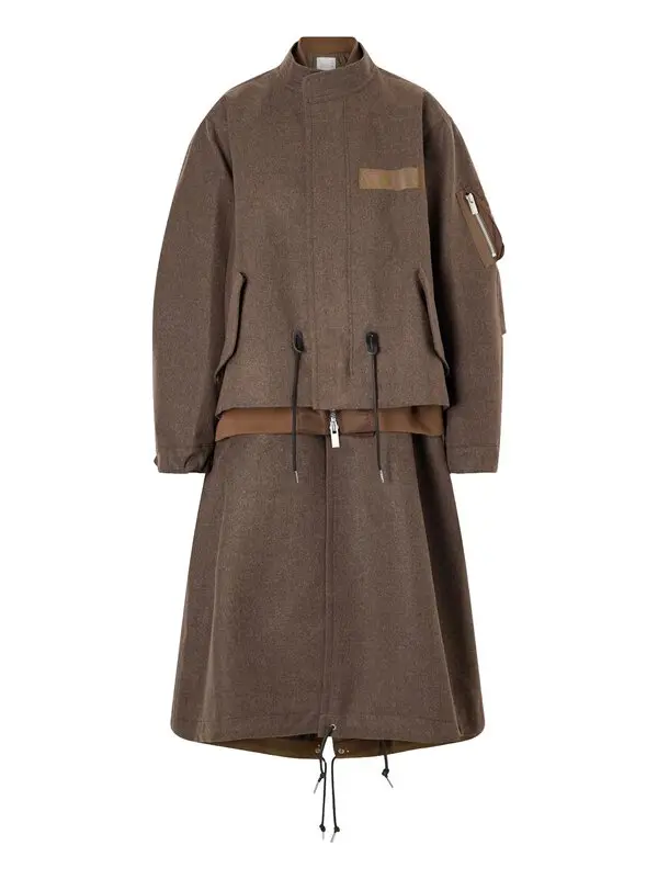 Sacai Wool-flannel Coat With Contrasting Trim - Brown