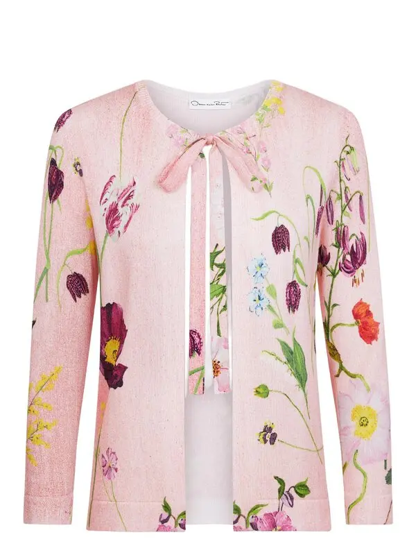 Oscar De La Renta Mixed Botanical Tie-neck Cardigan - Blush