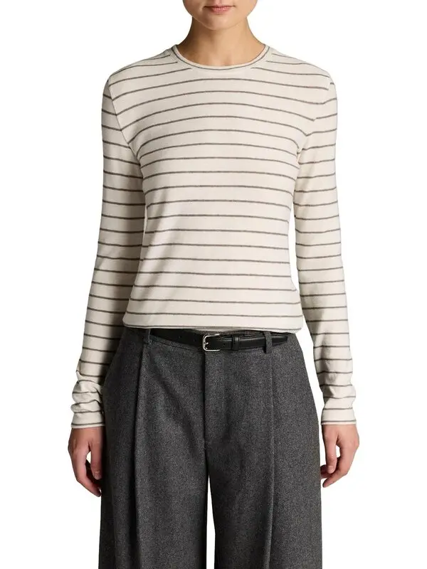 Vince Striped Cotton Long Sleeve T-shirt - Off White Combo