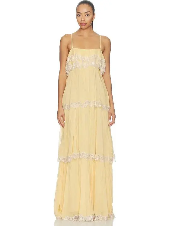 Hemant & Nandita Tiered Maxi Dress With Lace Trim - Yellow