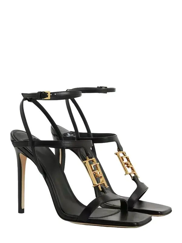 Elisabetta Franchi Leather Logo Plaque Stiletto Sandals - Black