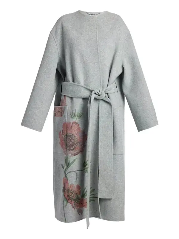 Erdem Floral Print Belted Wool Coat - Grey