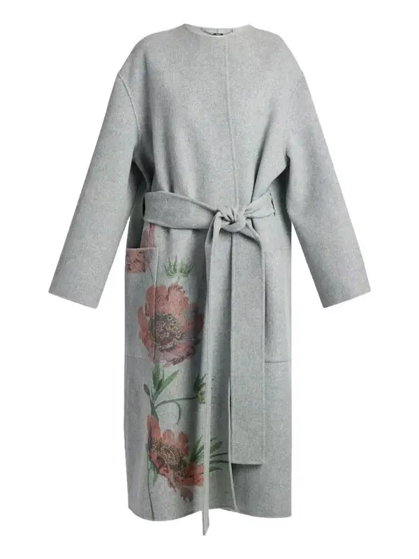 Erdem Floral Print Belted Wool Coat - Grey