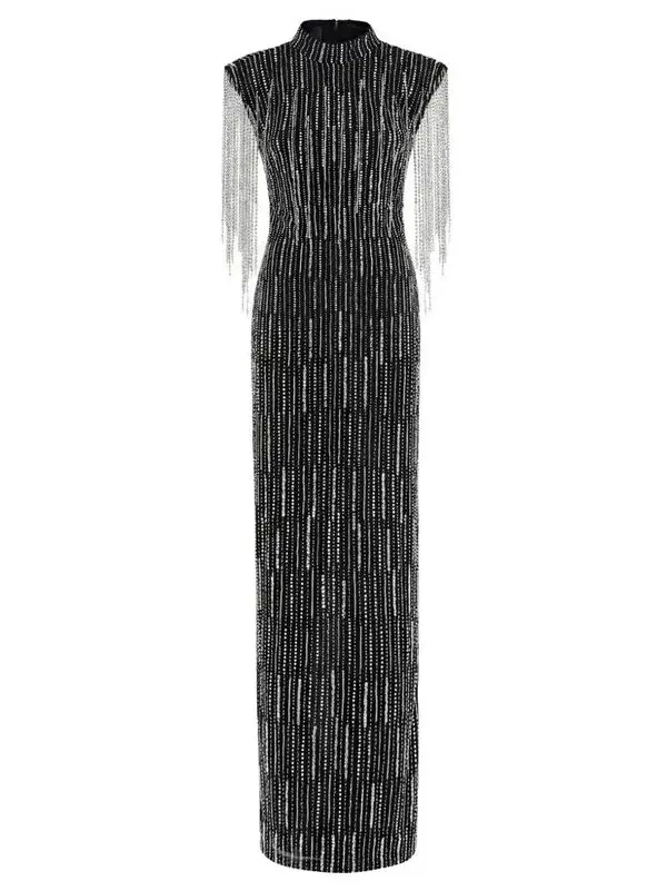 Pinko Crystal-embellished Fringed High Neck Maxi Dress - Black