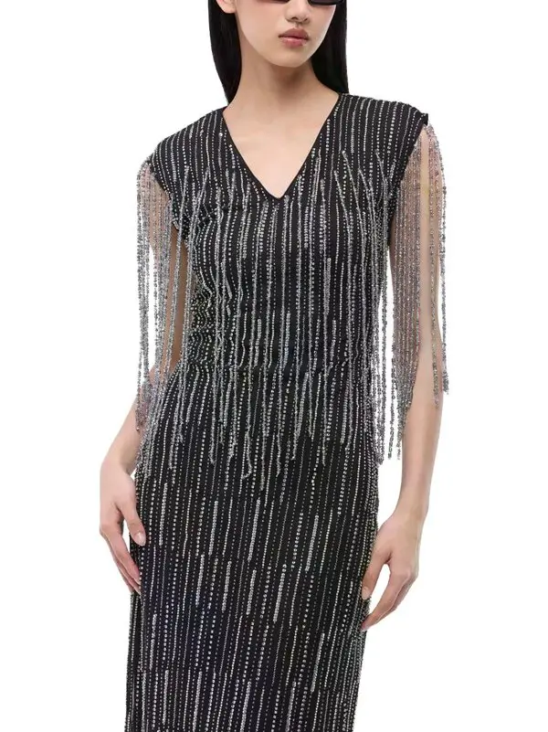 Pinko Crystal-embellished Fringed High Neck Maxi Dress - Black