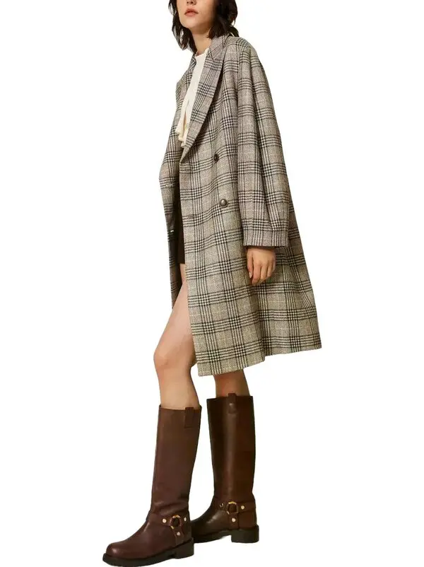 TWINSET Chequered Wool Cloth Coat With Sequins - Neutrals