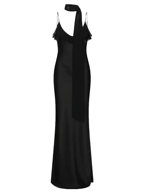 ROTATE BY BIRGER CHRISTENSEN V-neck Maxi Slip Dress With Scarf Detail - Black