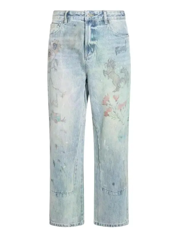FOUND Hand Art Graphic-print Panelled Jeans - Blue