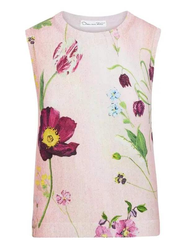 Oscar De La Renta Sleeveless Botanical Print Knit Top - Pink