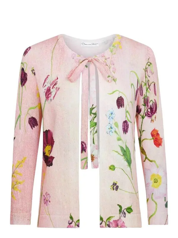 Oscar De La Renta Mixed Botanical Print Tie-neck Cardigan - Pink