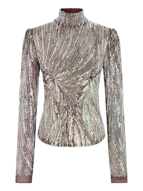 Rabanne Embellished High Neck Long Sleeve Top - Silver