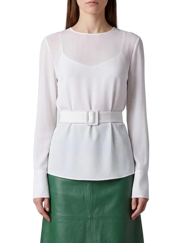 PAROSH P.a.r.o.s.h. Long-sleeved Silk Blouse With Adjustable Waist Belt - Ivory