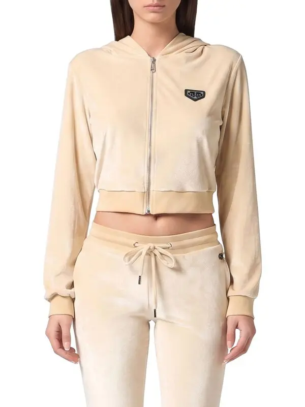 Philipp Plein Cropped Velvet Zip Hoodie With Skull Rhinestones - Beige