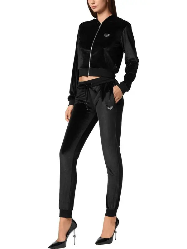 Philipp Plein Cropped Velvet Zip Hoodie With Skull Rhinestones - Black