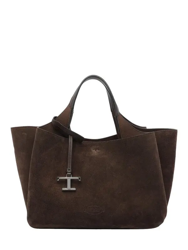 TOD'S Suede Calf Leather Handbag With Double Handle And Logo Charm - Brown
