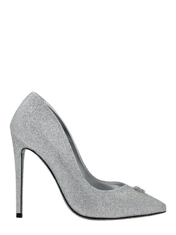 Philipp Plein Glitter Leather Pumps With Skull Embellishment And Stiletto Heel - Silver