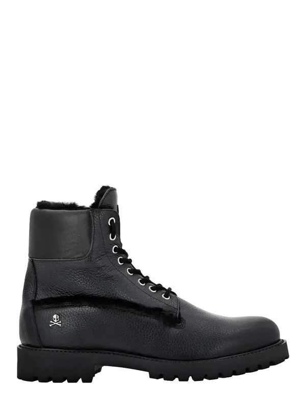 Philipp Plein Tumbled Leather Combat Boots With Pony Hair Inserts And Skull Appliqu - Black