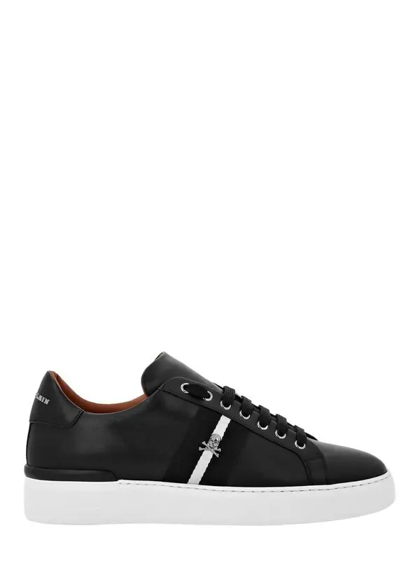 Philipp Plein Skull Low-top Leather Sneakers With Stripe Print - Black