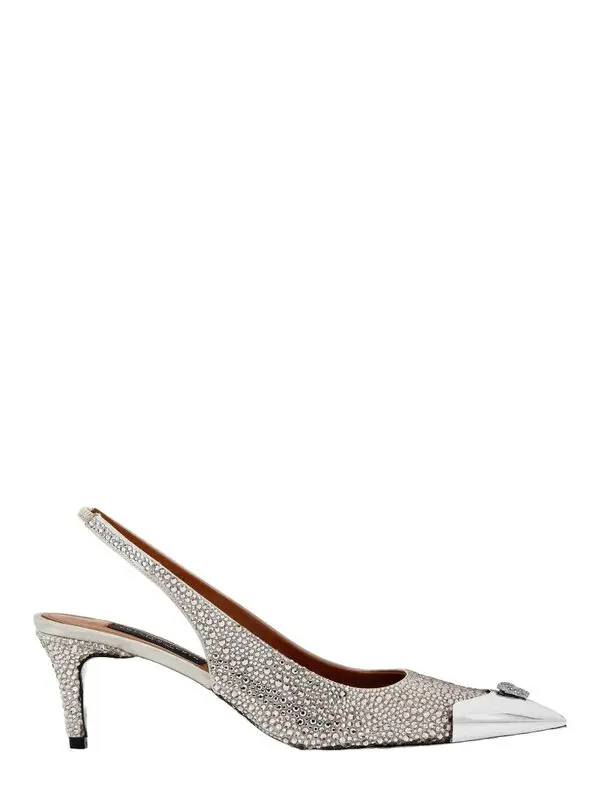 Philipp Plein Leather Slingback Pumps With Crystal Skull And Mid Heel - Beige