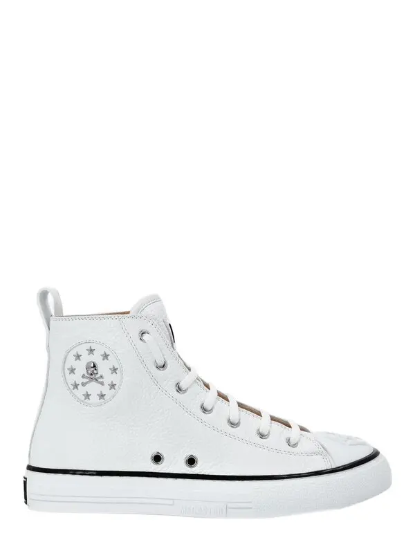 Philipp Plein Hammered Leather High-top Sneakers With Skull And Star Embellishments - White