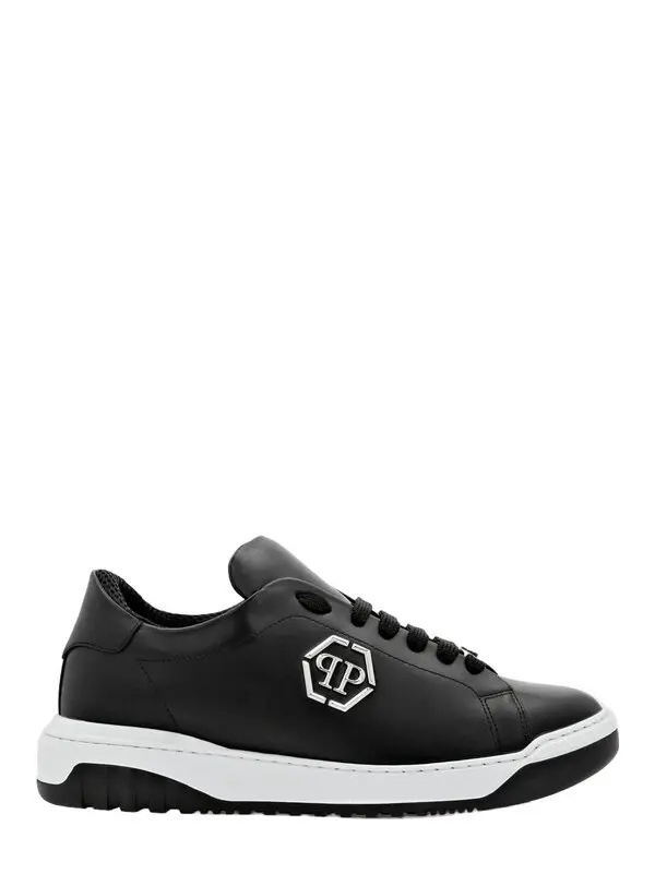 Philipp Plein Low-top Smooth Leather Sneakers With Hexagon Logo And Monogram - Black