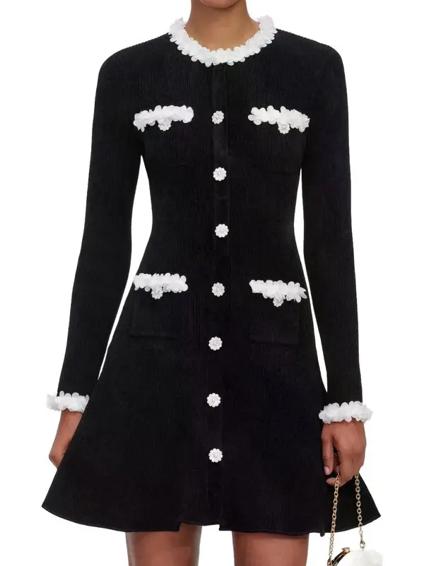 SELF-PORTRAIT Chenille Knit Mini Dress With Floral Trim - Black