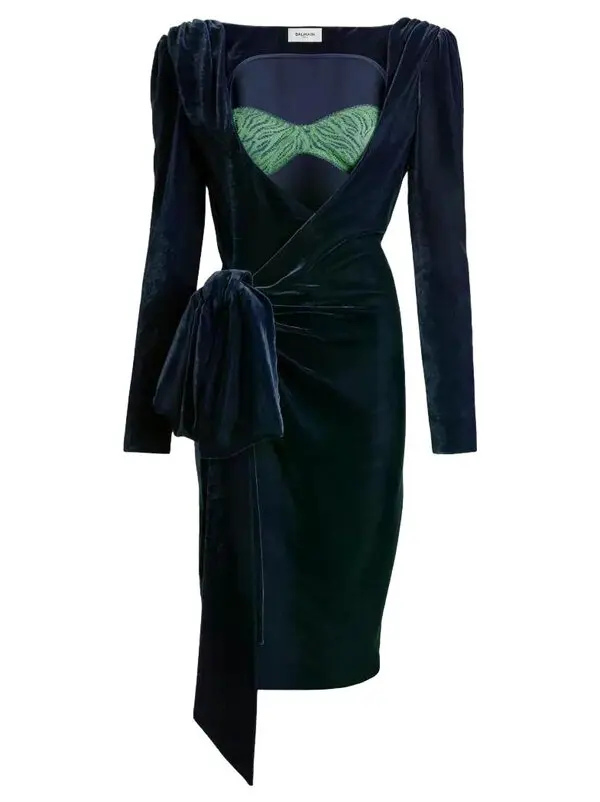 Balmain Velvet Dress With Lace Detail - Blue